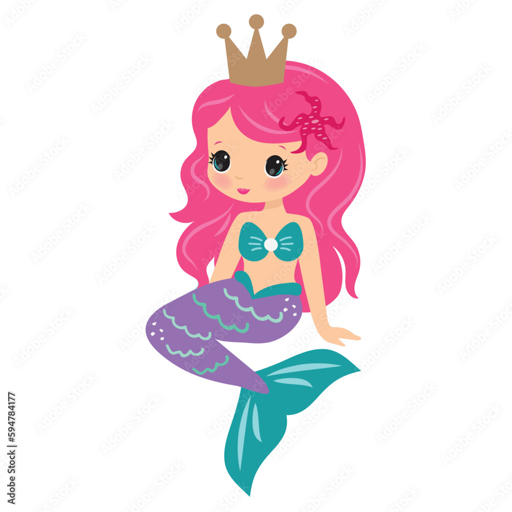 Cute sitting sea princess mermaid vector cartoon illustration Stock ...