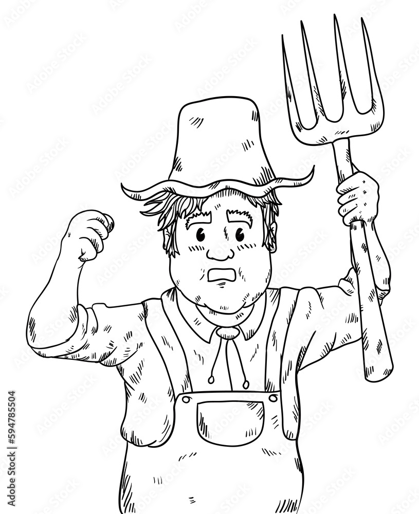 Angry farmer with raised fist and rake in hand drawn style, Vector ...