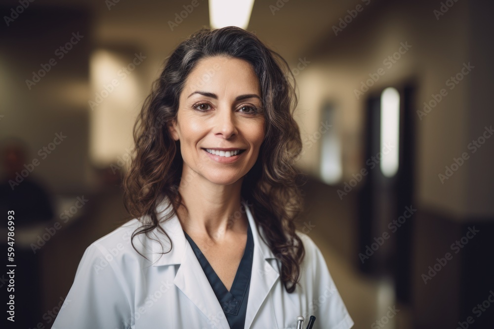 Lifestyle portrait photography of a grinning doctor in her 40s wearing ...