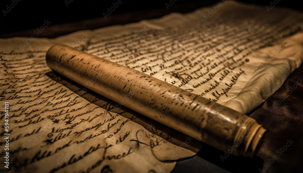 Antique manuscript with calligraphy and quill pen generated by AI Stock ...