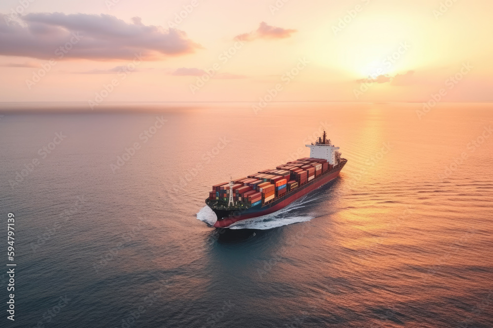 Container ship carrying container box in import export with quay crane ...