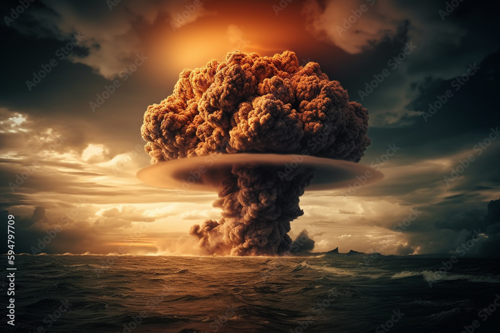 Nuclear radioactive atom bomb explosion with mushroom cloud. Huge power ...