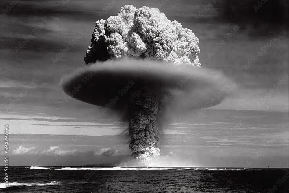 Nuclear radioactive atom bomb explosion with mushroom cloud. Huge power and atomic destruction ...