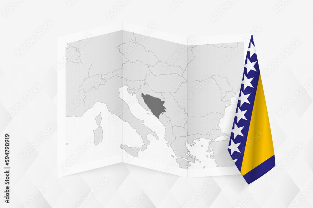 A grayscale map of Bosnia and Herzegovina with a hanging Bosnian and ...