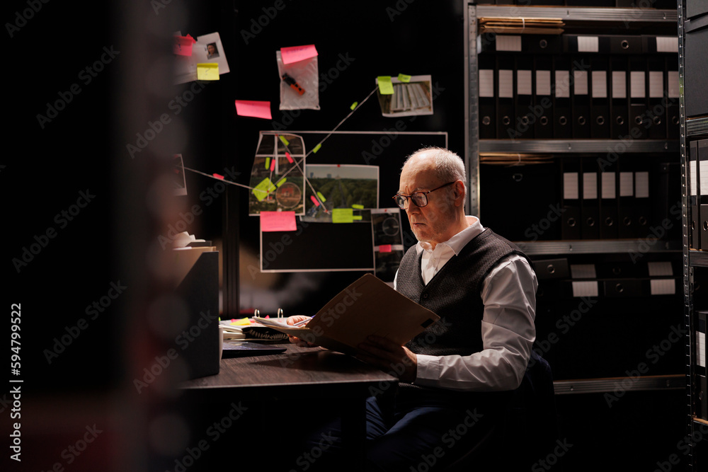 Senior police officer looking at criminal investigations files, working ...