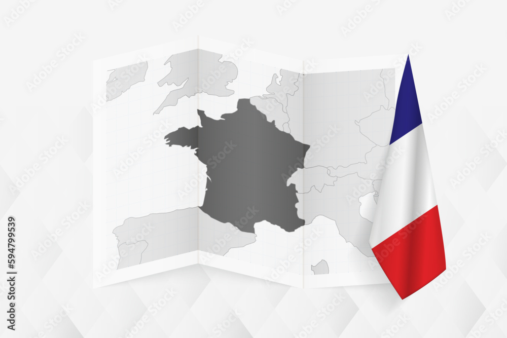 A grayscale map of France with a hanging French flag on one side ...