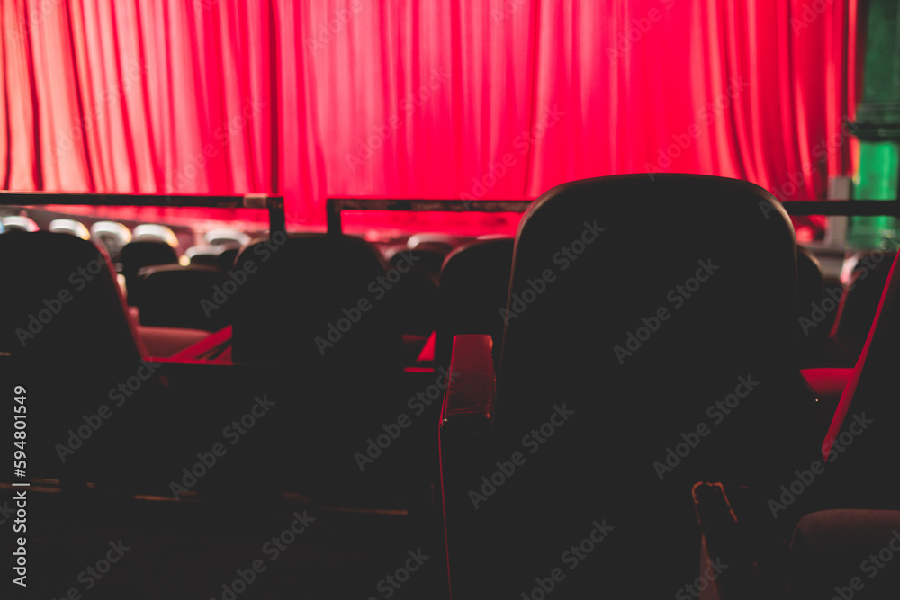 Stage with velvet red curtain in theater cinema, empty old-fashioned ...