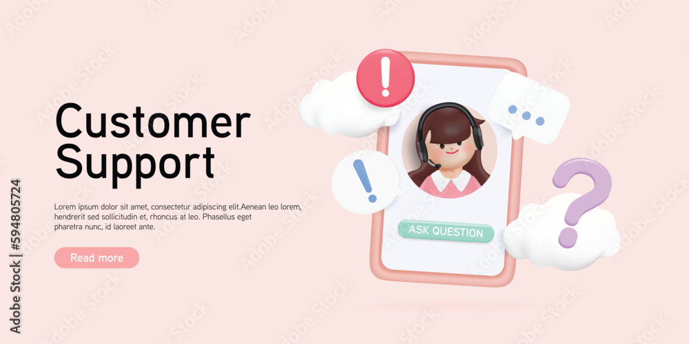 3d Woman with headphones and microphone with smartphone. Customer ...