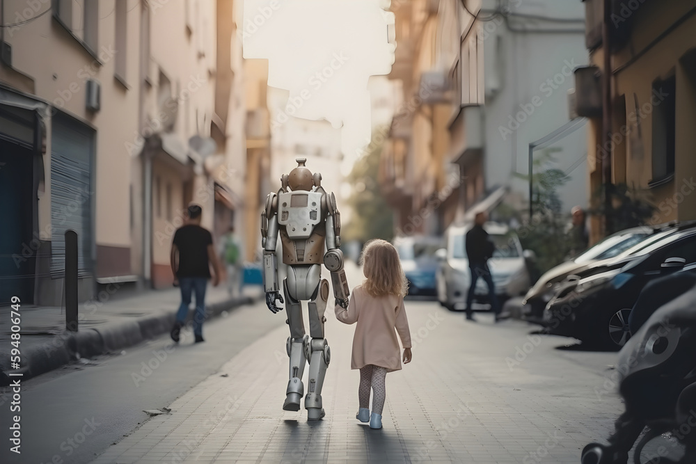 robot babysitter leads a little girl by the hand along a city street ...