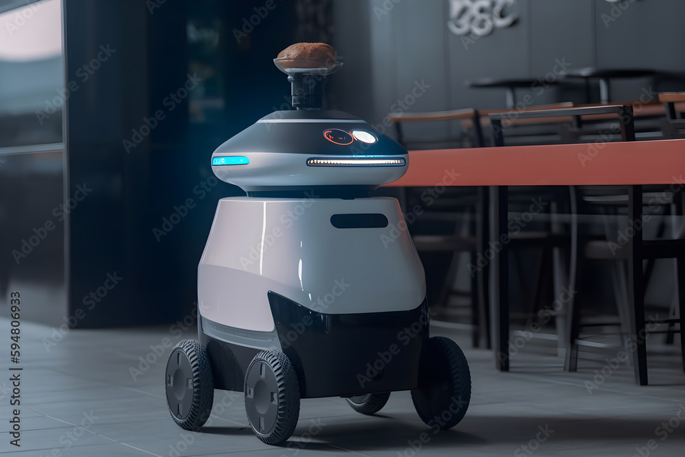 Food delivery concept. Robot delivers food in modern restaurant, free ...