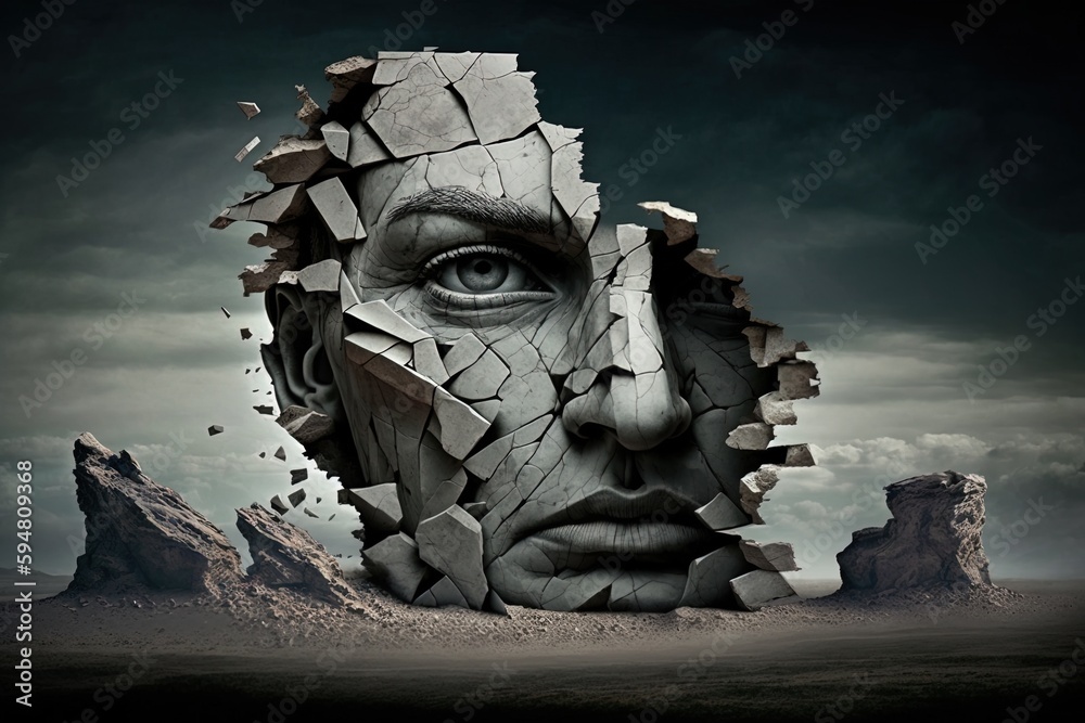 a man's face is shown through a broken wall Generative AI Stock ...