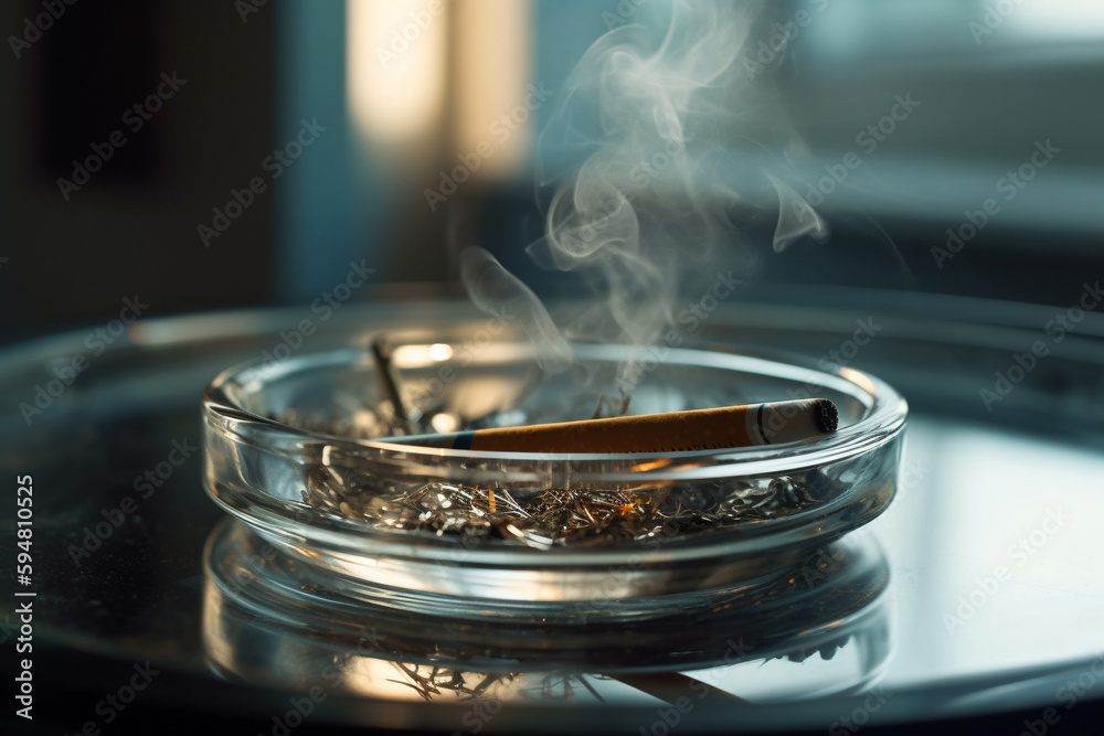 Cigarette in an ashtray with smoke that is coming up. Nicotine tobacco ...