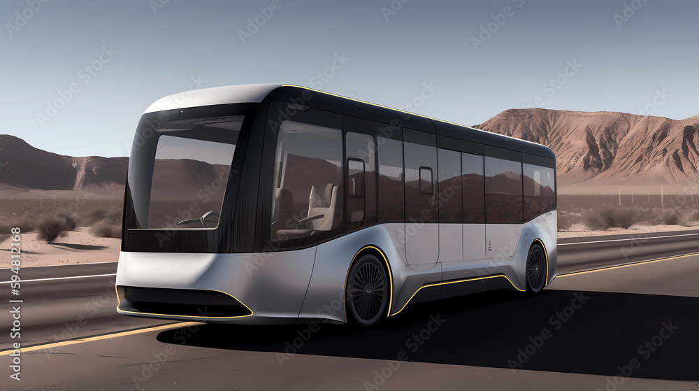 ภาพประกอบสต็อก Future of rural autonomous mobility bus. Public transport across the countryside ...