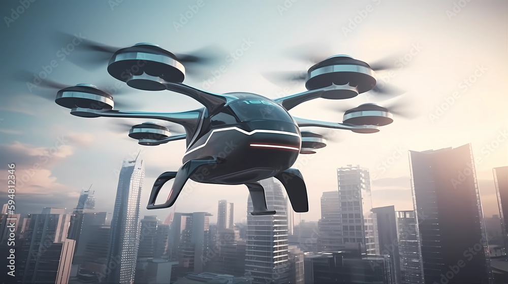 Photo & Art Print Electric Air taxi drone, eVTOL flying high over a city at sunset, cwiela_CH