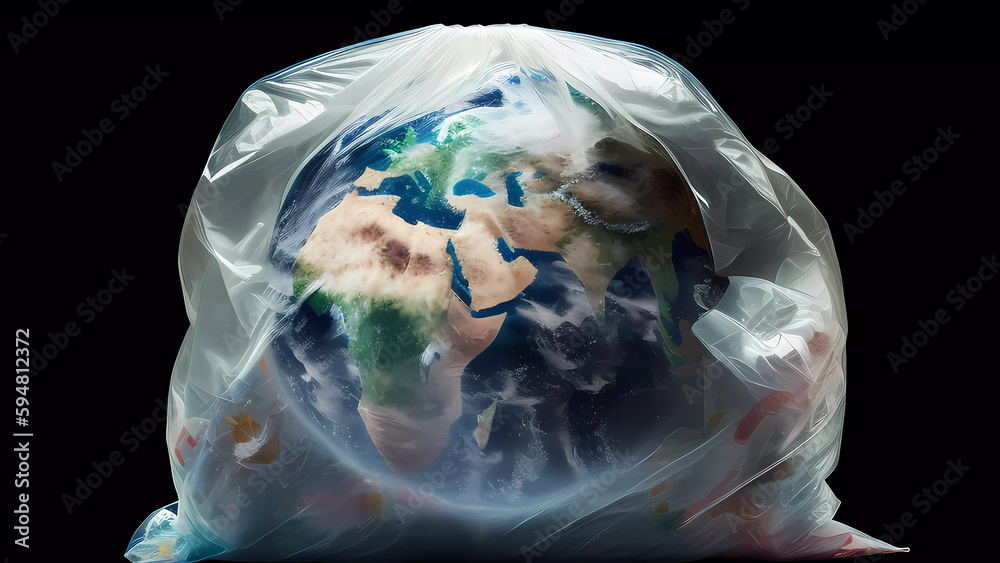 Planet Erde in einer Plastiktüten, weltweite Verschmutzung, Konzept der ...