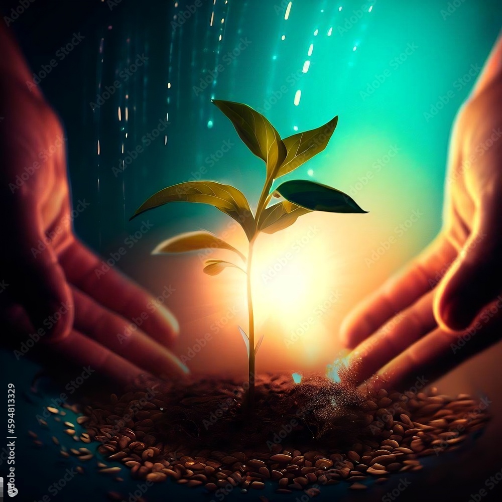 Plant transformed from seed to seedling sapling in garden's fertile ...