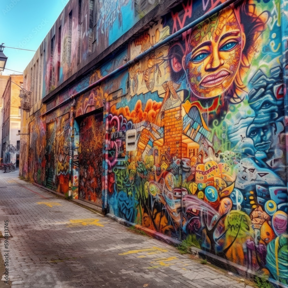 colorful urban street with street art and graffiti draw on the walls ai ...