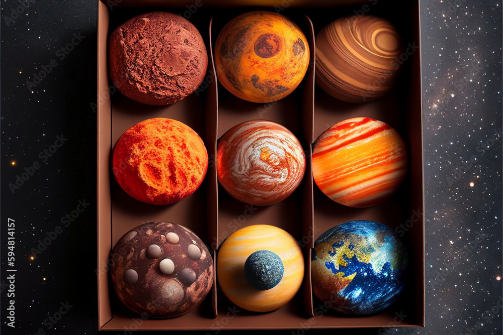 Chocolate candy as planets of solar system illustration. Astronomy ...