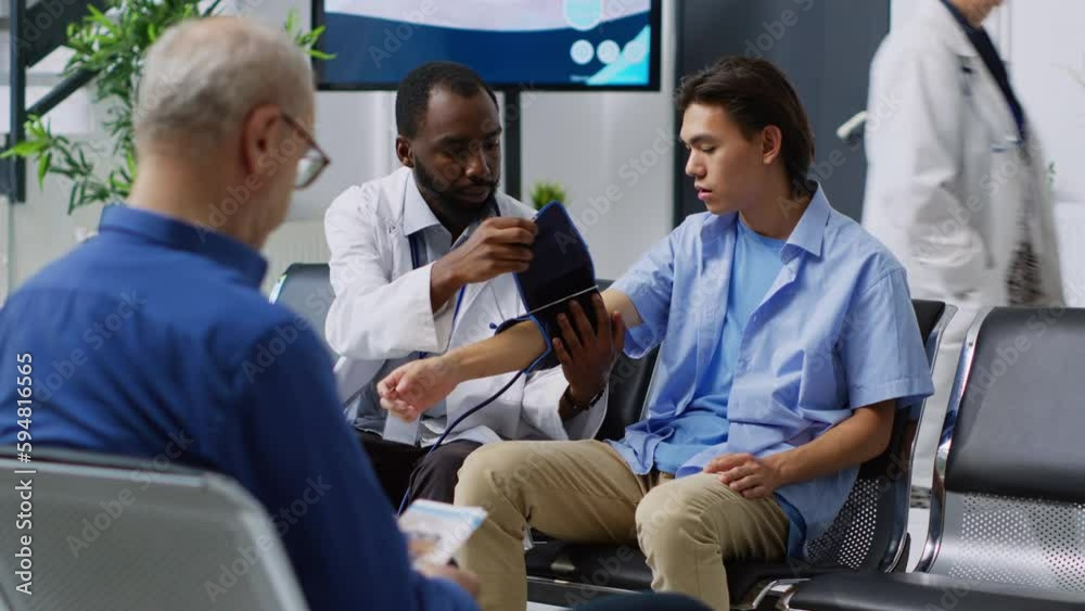 Physician doing insulin level measurement with medical instrument to ...