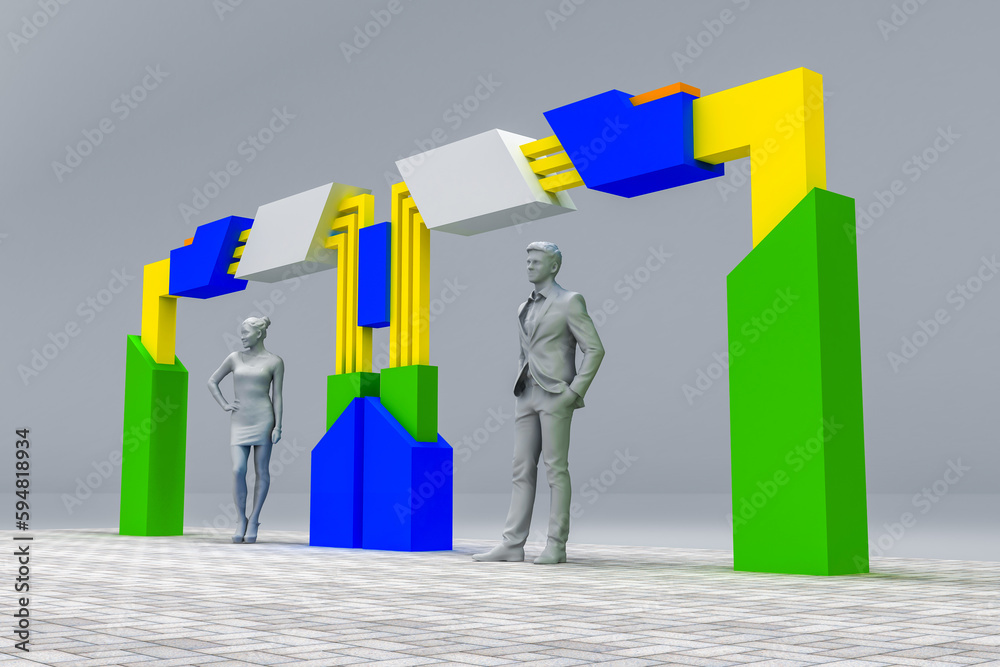 3d illustration gate entrance double access digital futuristic style ...
