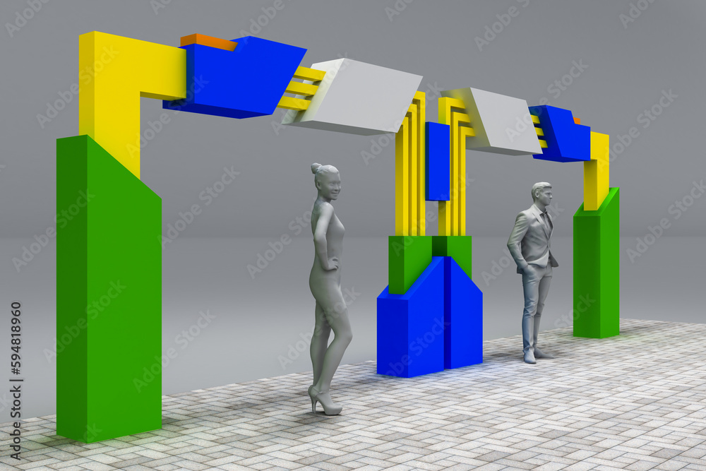 3d illustration gate entrance double access digital futuristic style ...