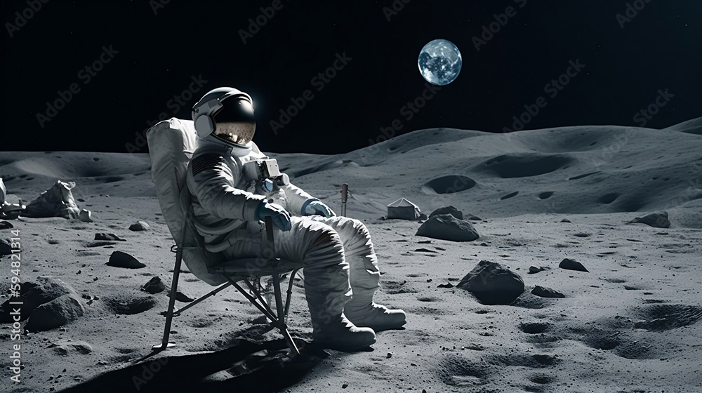 Astronaut in a lounge chair on the moon, space travel illustration ...