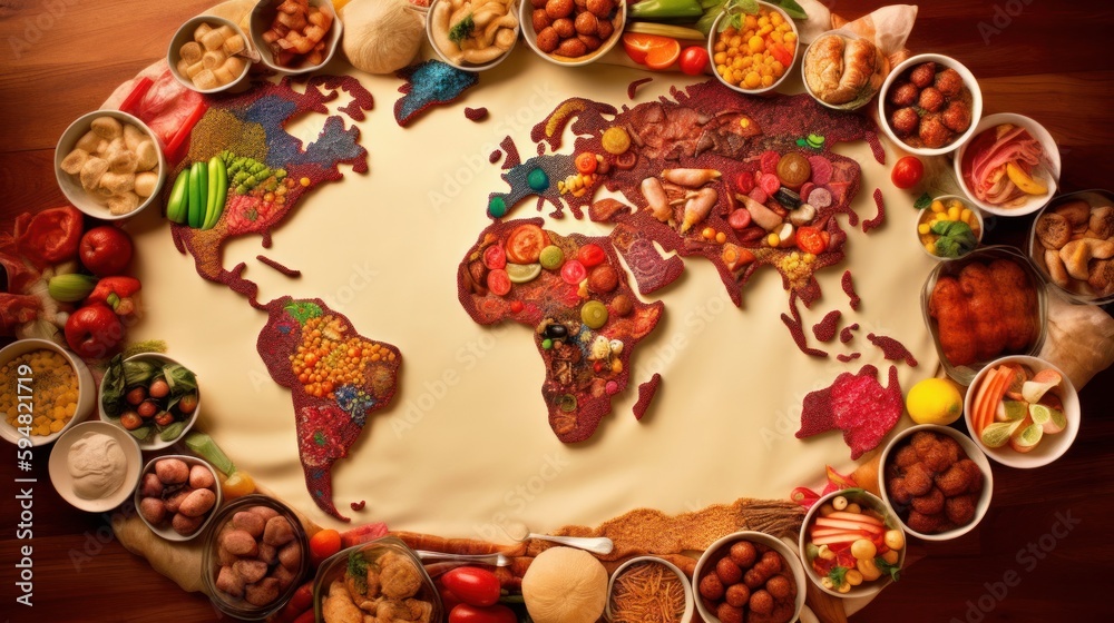 Food from many countries, parts of the world, representing diverse ...
