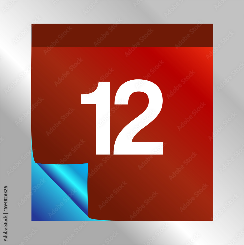 Calendar Day 12 icon with blue gradient foil effect. Modern design, red ...