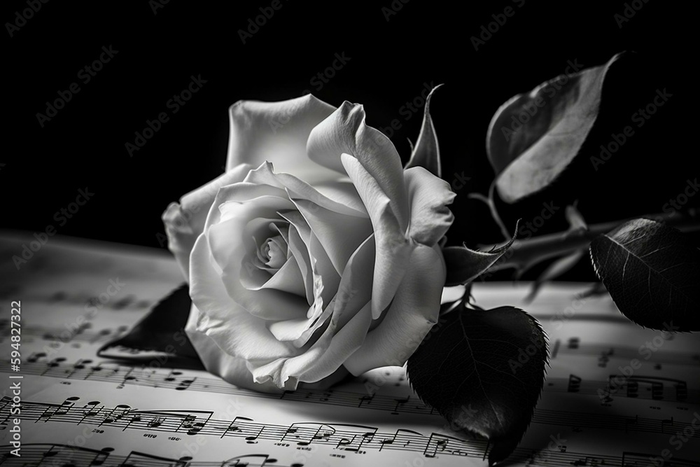 Beautiful black and white rose with note on the petals. Generative AI ...
