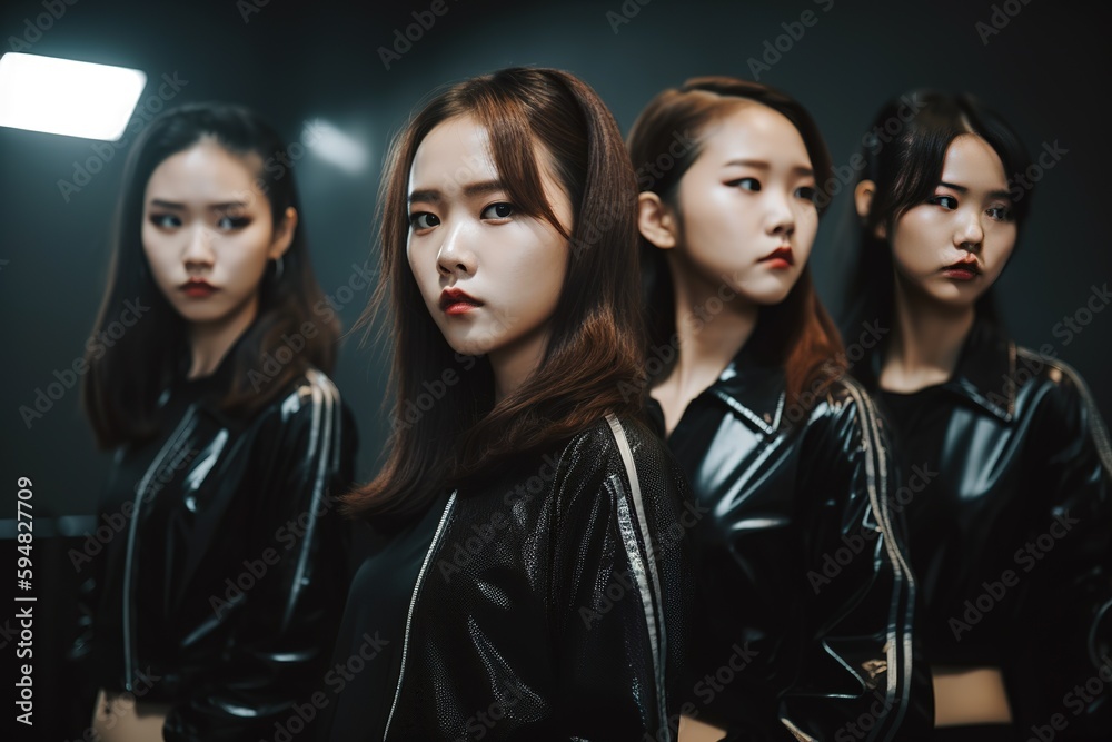 K pop girl group posing on black shiny suits. Generative AI Stock ...
