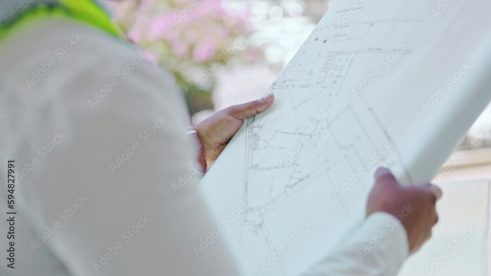 Black man, architect and blueprint in city for construction, planning ...