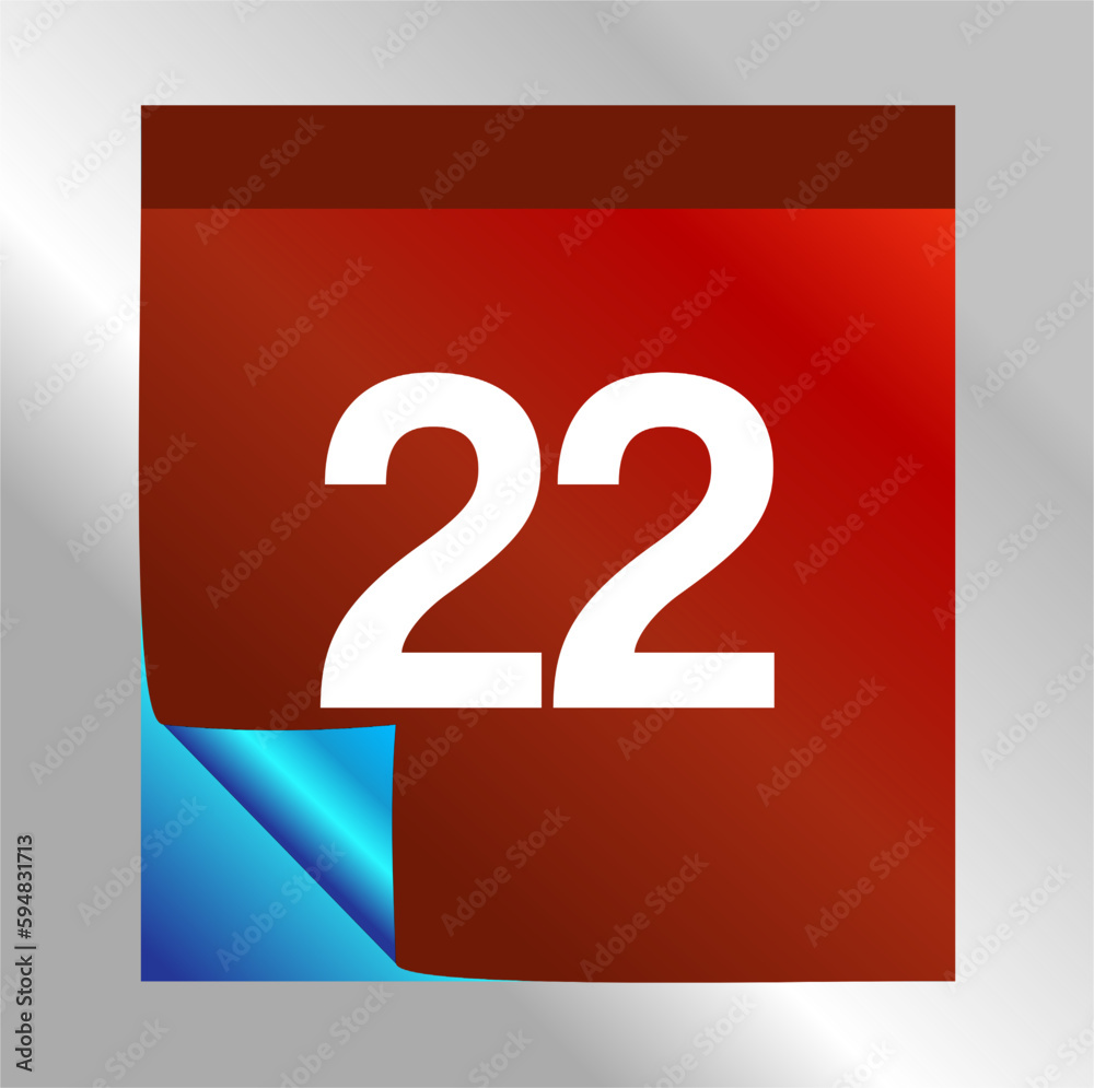 Calendar Day 22 icon with blue gradient foil effect. Modern design, red ...
