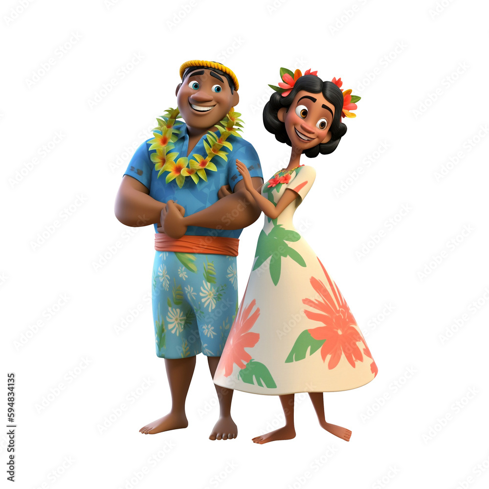 3D cartoon character cute Happy couple having fun in Hawaiian clothing ...
