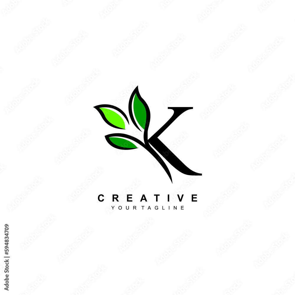 Nature theme letter K logo design with leaves vector. K nature. K leaf ...