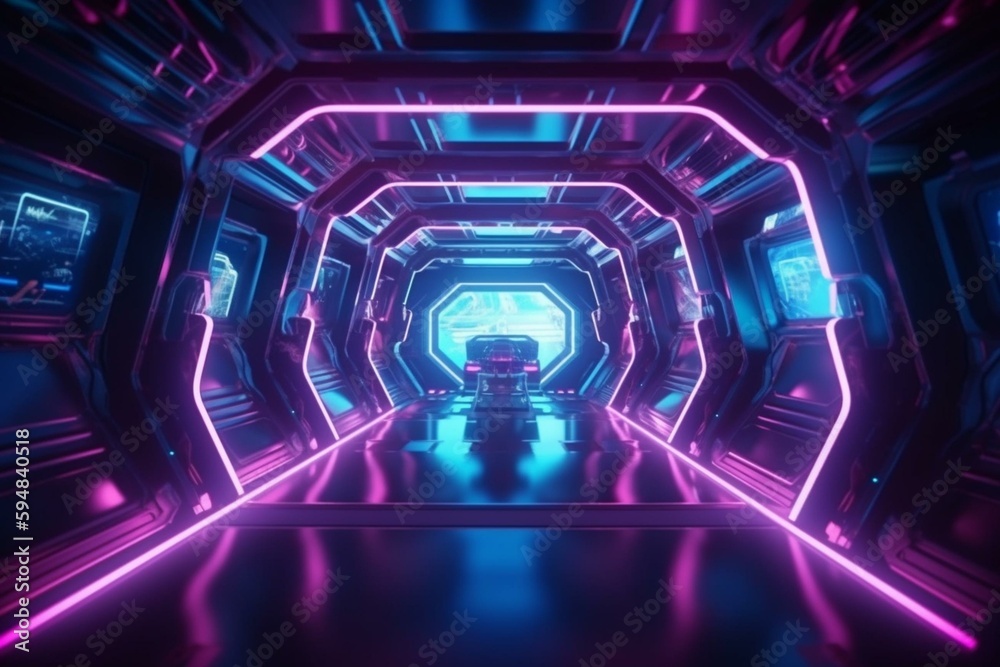 Blue and pink spaceship interior with projector. Futuristic corridor in ...