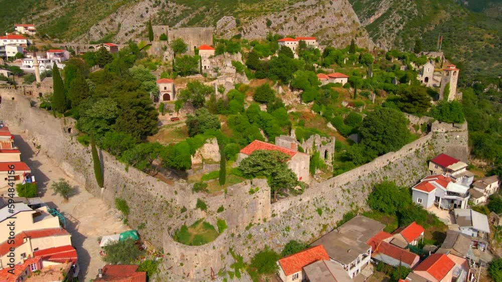 The drone captures a mesmerizing view of the ruins of Stari Bar ...