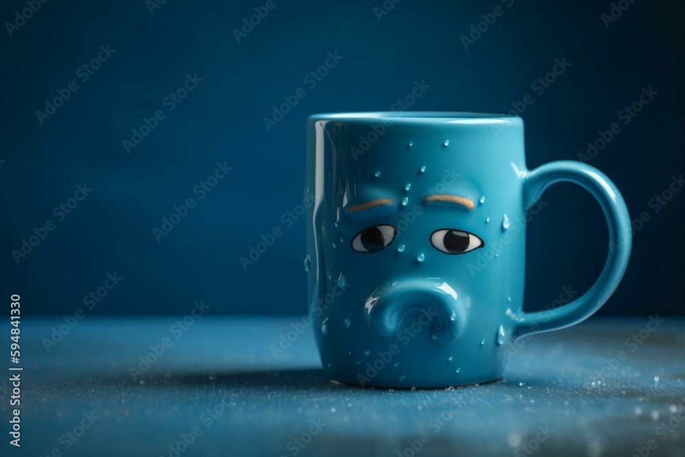 a blue mug with a sad face on it's side, sitting on a blue surface ...