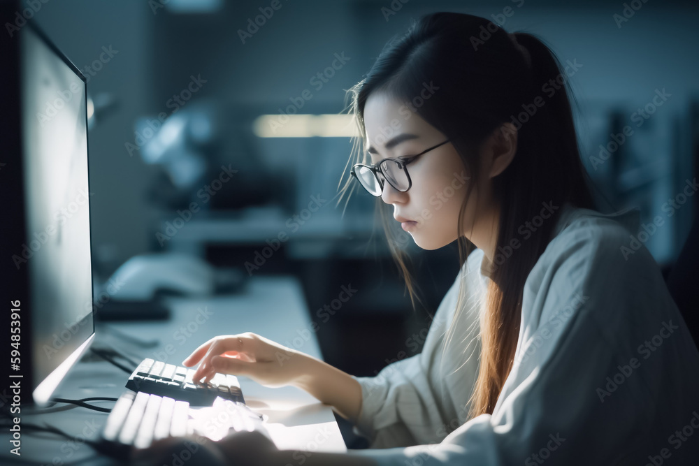 a young Asian woman sitting in front of a computer as she works on ...