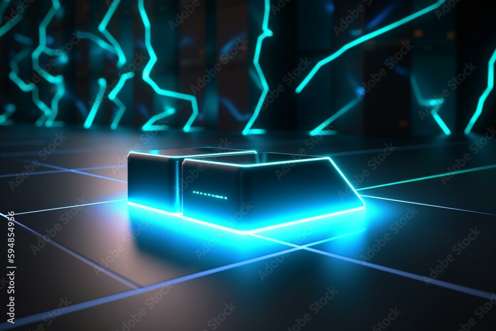 3D fast charge neon lithium ion battery glowing on the floor with ...