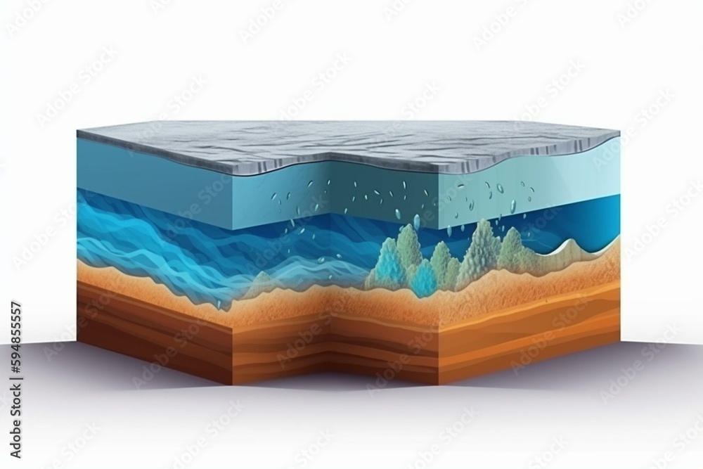 cross section water, ocean slice, water column. 3d illustration ...