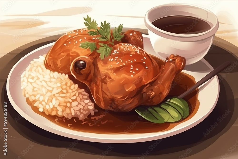 illustration of Filipino traditional dish, Chicken Adobo serve with ...