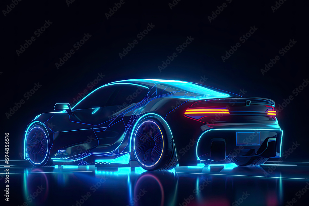 Electric car charging on the station, vector illustration. Blue neon ...