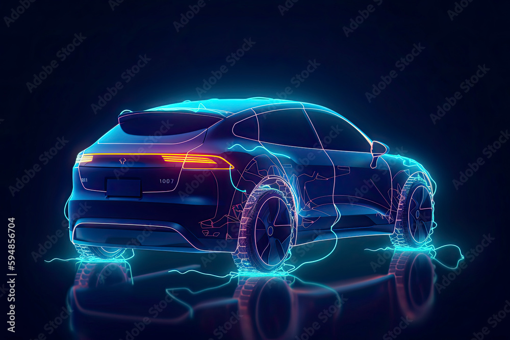 Electric car charging on the station, vector illustration. Blue neon ...