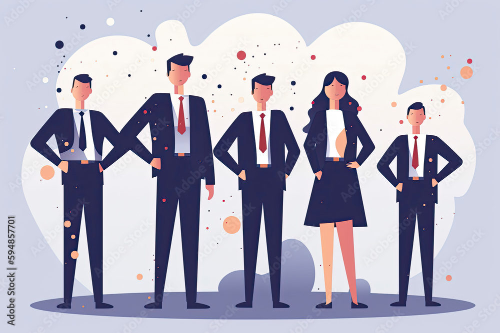 Business team members are standing with confident faces. Business icons ...