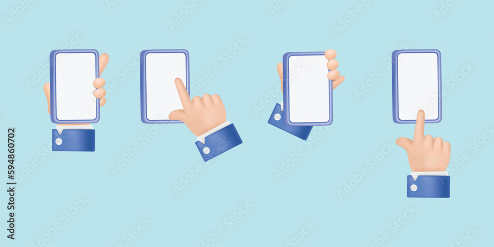 Cute 3D cartoon hand holding mobile smart phone. Transparent background ...