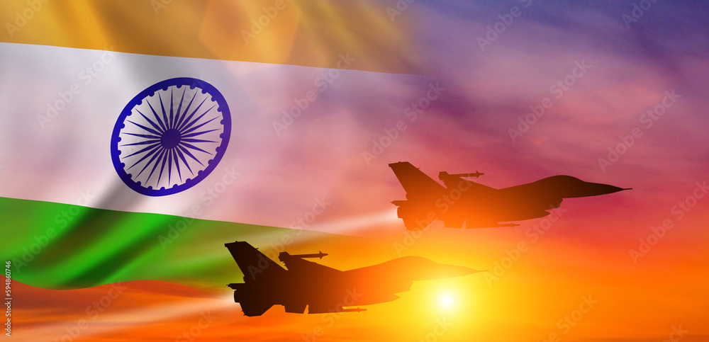 Group of aircraft fighter jet airplane. India flag. Air force day. 3d ...