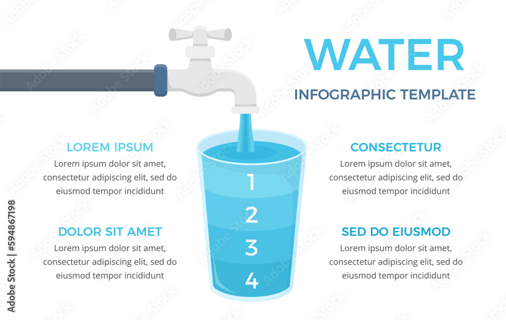 Glass with water divided on four parts with place for numbers and text ...
