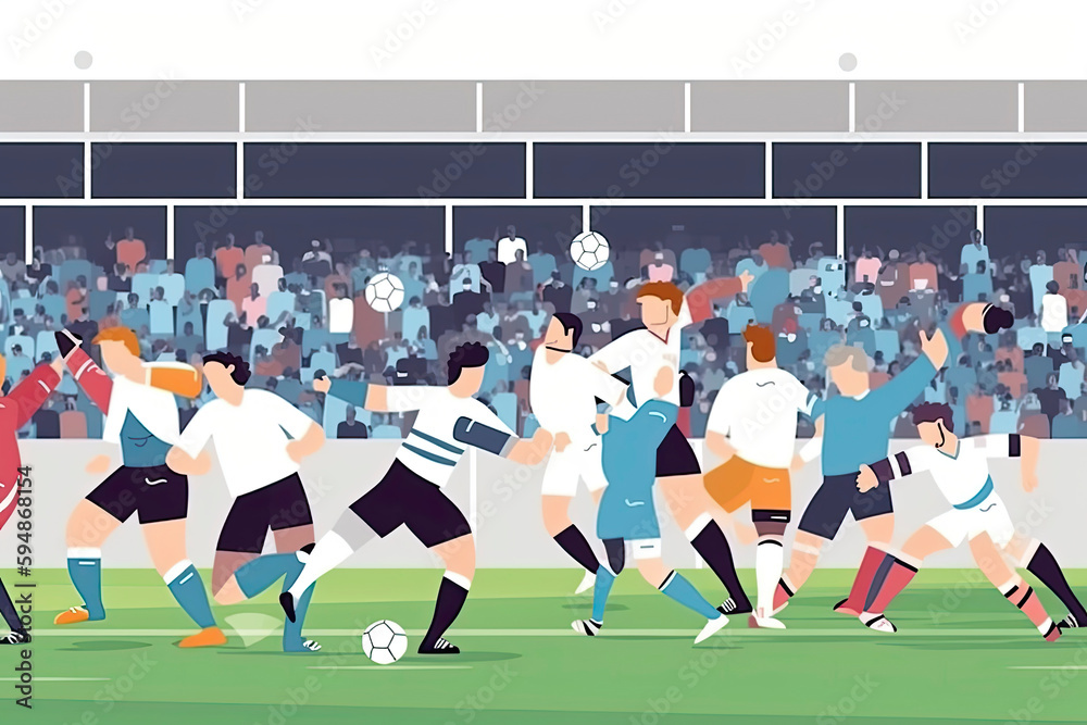 Soccer stadium players. Football match, athletes fighting, kicking ball ...