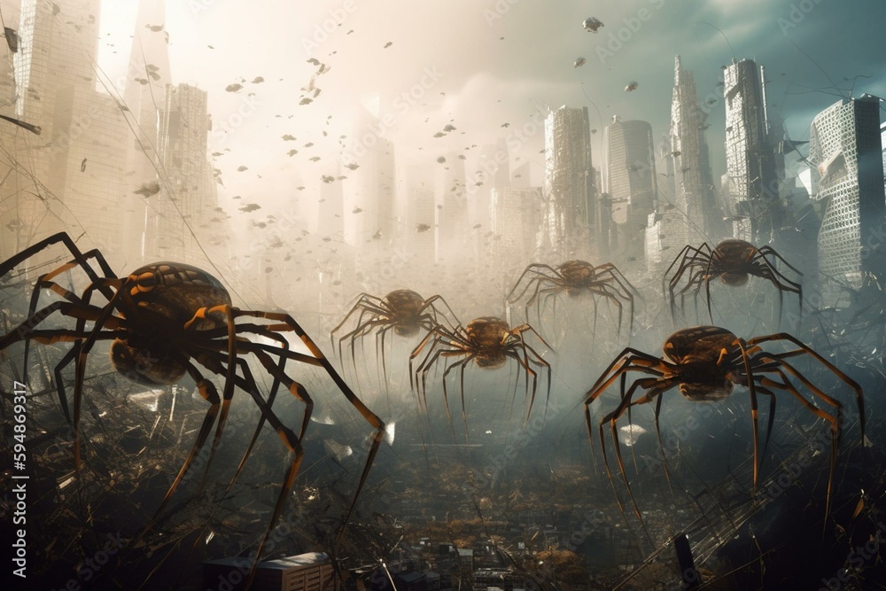 Generative AI of a giant spiders attacking a futuristic city ilustração ...