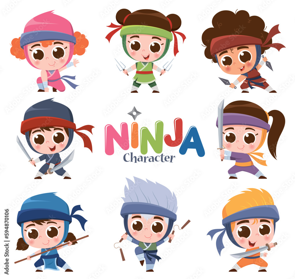 Vector illustration of Cartoon Cute Ninja character set. Kids costume ...